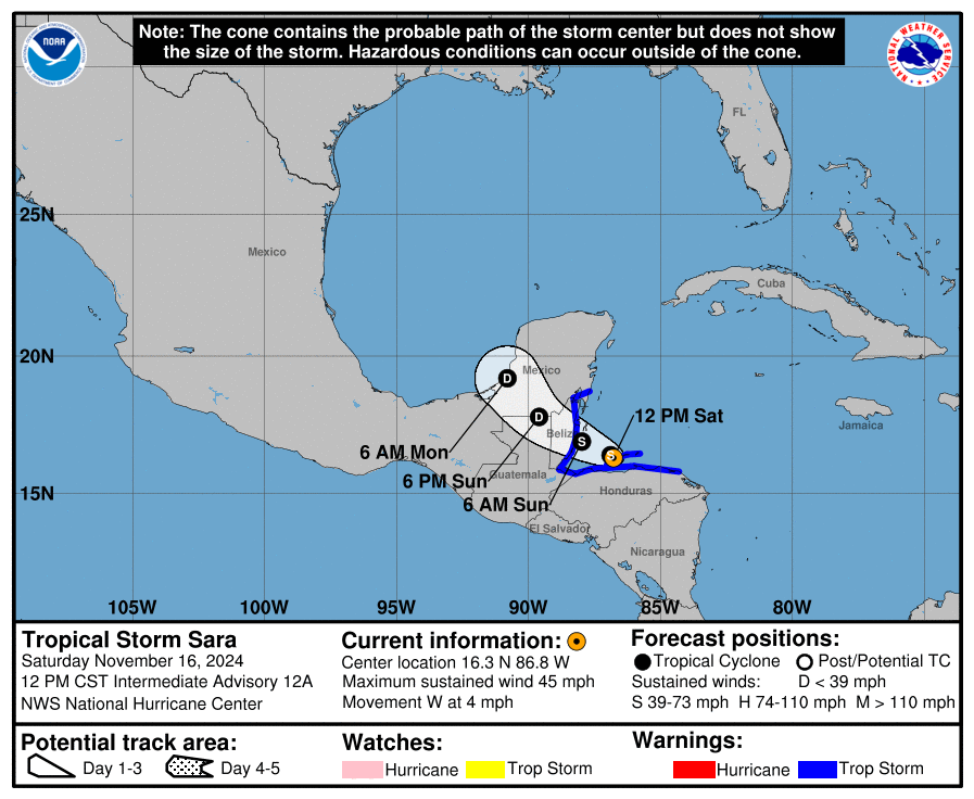 Progress report on Tropical Storm Sara: Saturday, Nov 16 update from ...